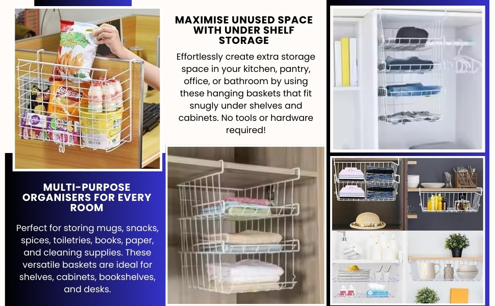 Pack of 2 Under Shelf Storage Baskets – Stackable Metal Wire Hanging ...