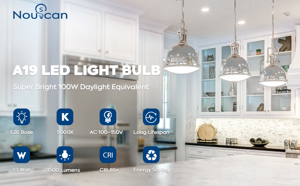 Nouscan LED Light Bulbs, 100 Watt Equivalent, A19 13W Lightbulbs, 5000K Daylight White 1500 ...