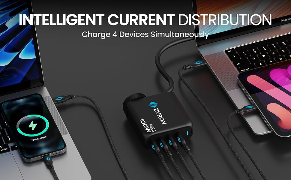 Zyron 100W USB C Charger, 4 Ports Multi USB-C Wall Plug with Power Cord, 100W/65W GaN 3 Fast ...