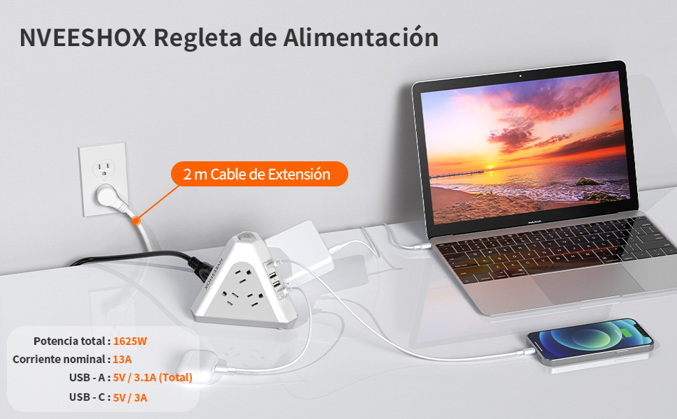 NVEESHOX Regleta Multicontacto, Extension en Torre Triángulo con 9 Enchufes de CA 3 USB y 1 USB ...