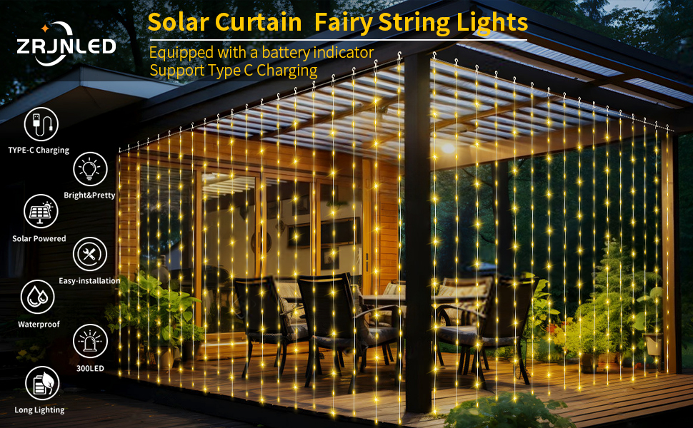Solar Curtain Lights 3mx3m,300 LED Outdoor Waterfall String Lights ...