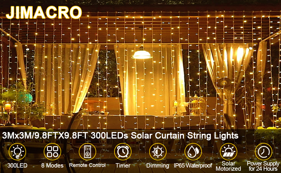 JIMACRO Solar Curtain String Lights, 9.8FTx9.8FT Waterproof Curtain ...