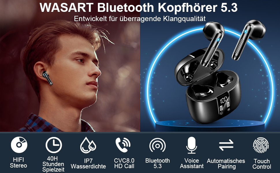 Bluetooth 5.3 Kopfhörer, In Ear Kopfhörer Kabellos mit 4 Mic, 48H ...