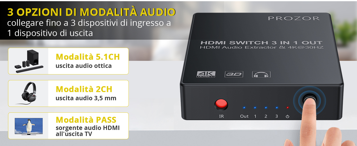 PROZOR HDMI Switch 3 Ingressi 1 Uscita con Estrattore Audio Uscita Analogico Ottico Toslink ...