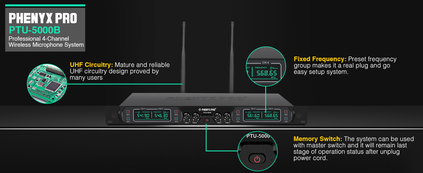 Amazon.com: Wireless Microphone System, Phenyx Pro 4-Channel UHF Wireless Mic Set with Handheld ...