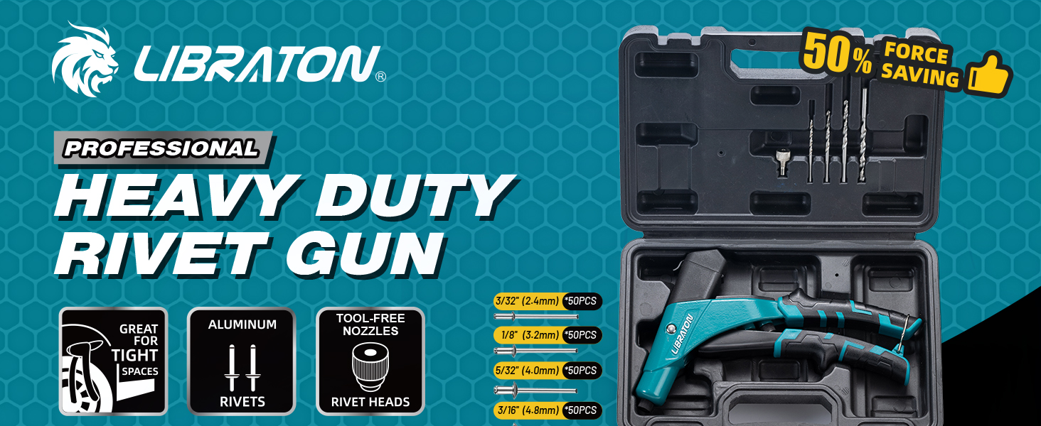 LIBRATON Professional Heavy Duty Rivet Gun, One-Handed Pop Rivet Gun Set, Robust Riveter with ...
