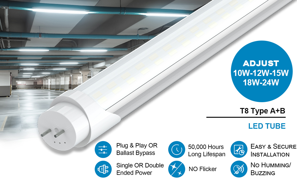 T8 LED Bulbs 4 Foot, Hybrid Type A+B Bulbs, 4FT Tube Lights 6CCT 3000K-6500K/5 Power Adjust ...