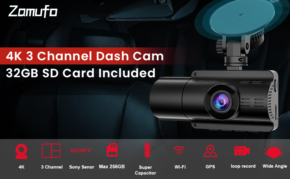 Dashcam Auto Vorne und Hinten, Zamufo 4K Dash cam 3 Lens Mit WiFi & GPS,Loop-Aufnahme, Dash Cam ...