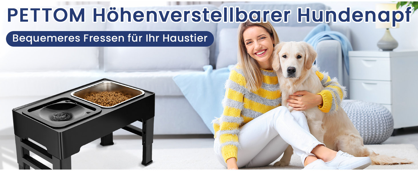PETTOM Hundenapf Erhöht, Futternapf Hund Höhenverstellbar mit 4 Höhen, Wassernapf Ohne Sabbern ...