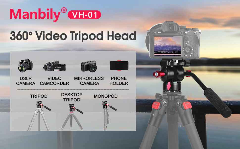 Manbily Video Tripod Head, Drag Pan Tilt Head 360° Panoramic Arca Swiss Quick Release Plate*2 3/ ...
