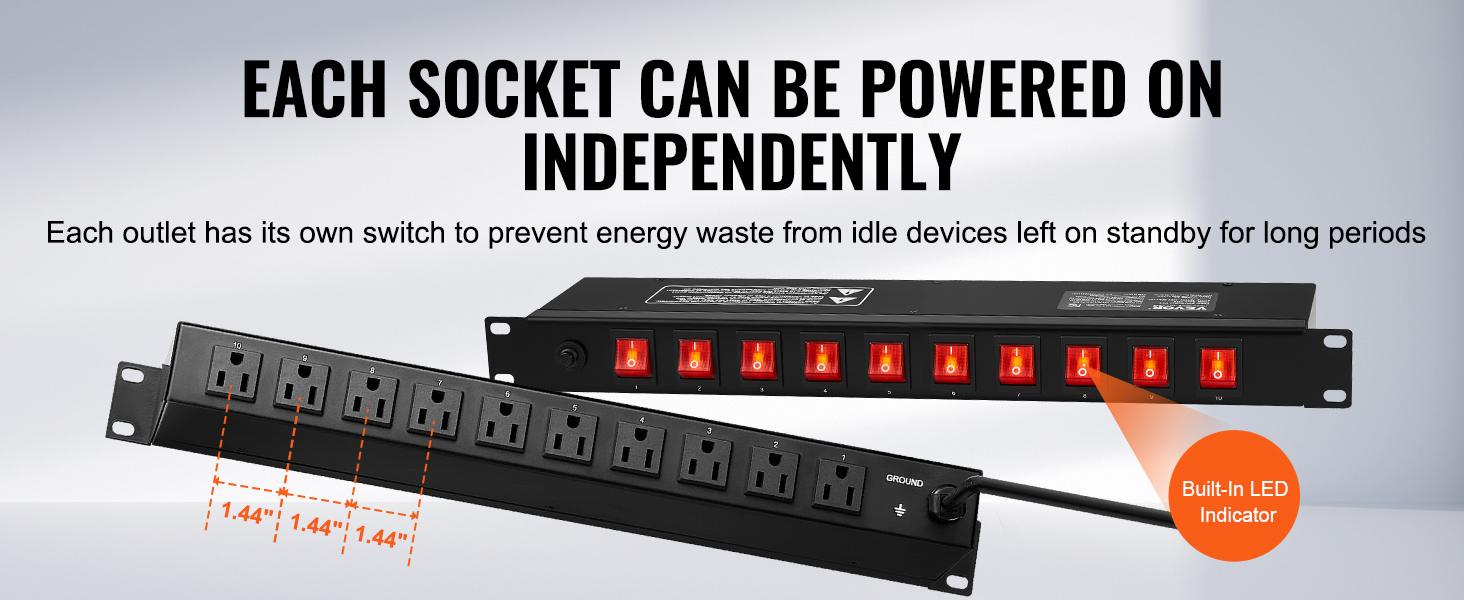 VEVOR 1U PDU, 10 Outlets, Rack Mount Power Strip Fits Standard 19" Server Racks, with ...