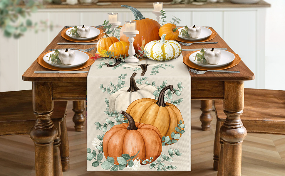 Amazon.com: AKTEAM Thanksgiving Table Runner, Fall Orange Colorful Pumpkin Autumn Eucalyptus ...