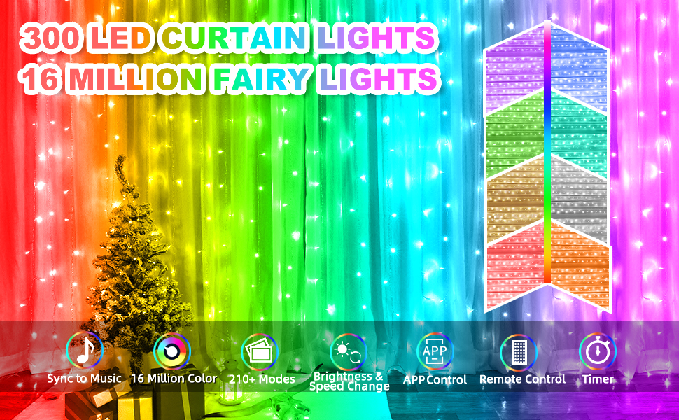 Curtain Fairy Lights 300 LED, 16 Million Colors Synchronized with Music ...
