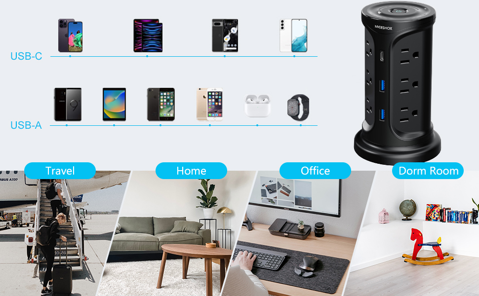 NVEESHOX Regleta Multicontacto, Torre Multicontacto con 12 Tomas de CA y 2 USB-A 1 USB-C ...