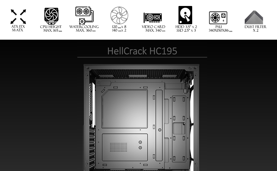 HellCrack Midi-PC-Gehäuse, ATX, Front x 3 120 mm FRGB-Lüfter im Lieferumfang enthalten, 1 x USB ...