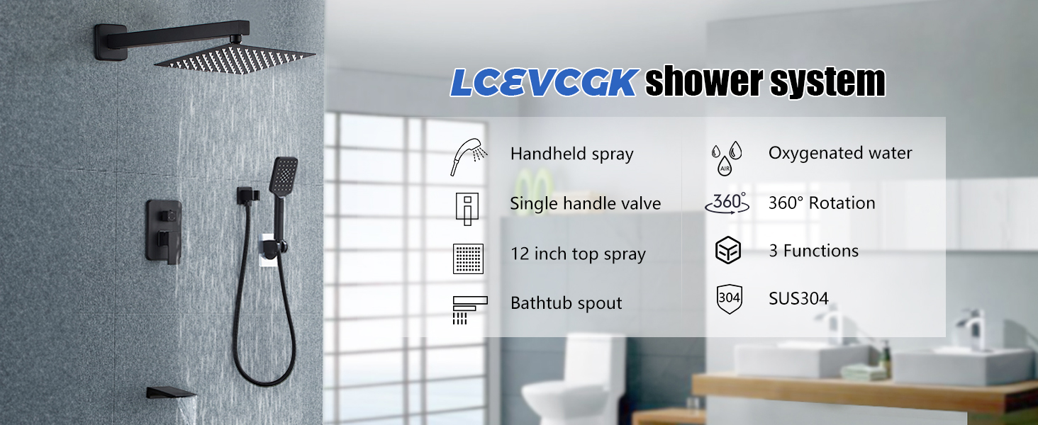 LCEVCGK Shower Faucet Set Complete Matte Black Shower System with 12 inch Square Rainfall Shower ...