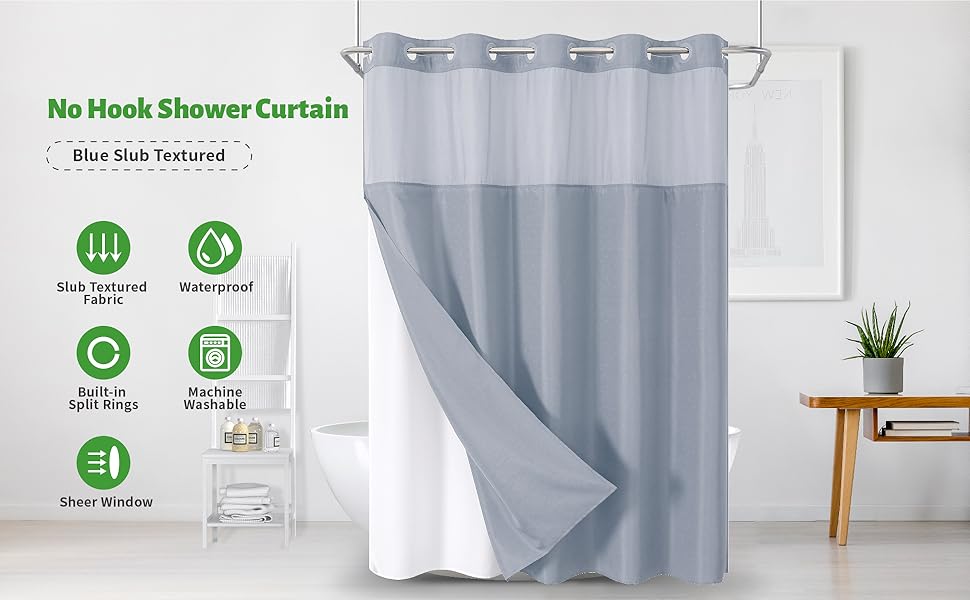 Amazon.com: eachope Blue No Hook Shower Curtain with Snap-in Fabric Liner Set,Slub Textured ...