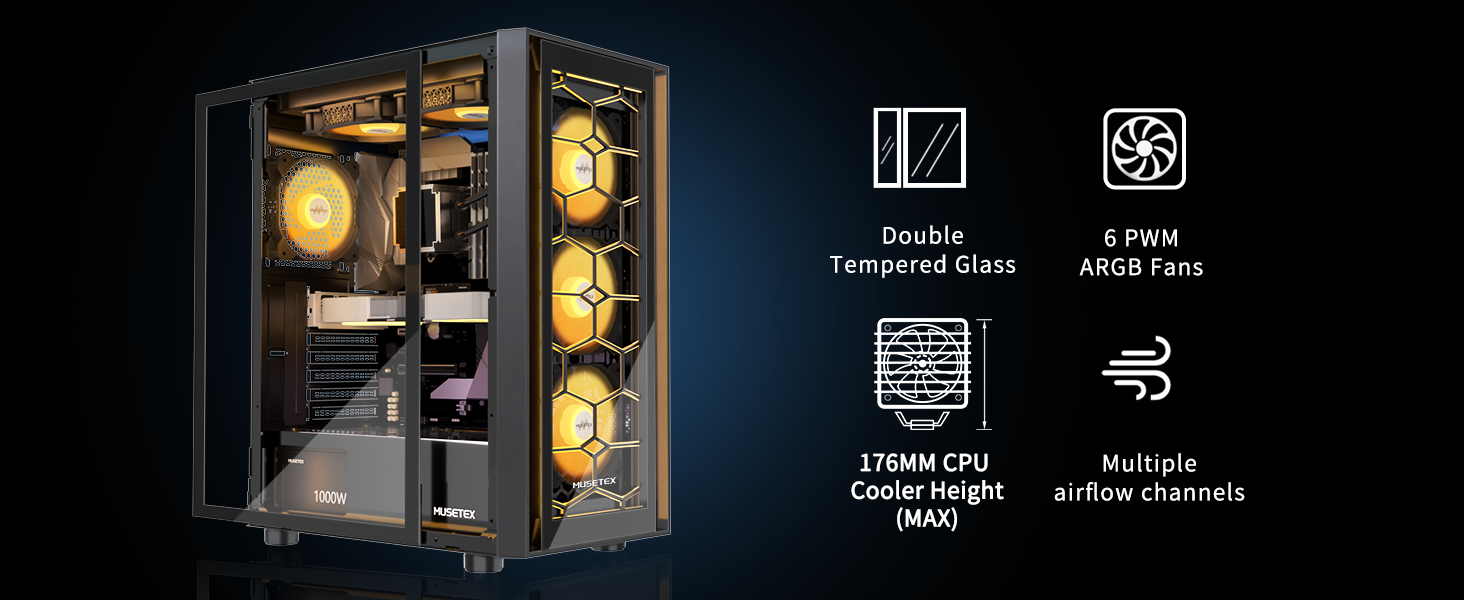 Amazon.com: MUSETEX ATX PC Case, 6 PWM ARGB Fans Pre-Installed, Computer Case with Double ...