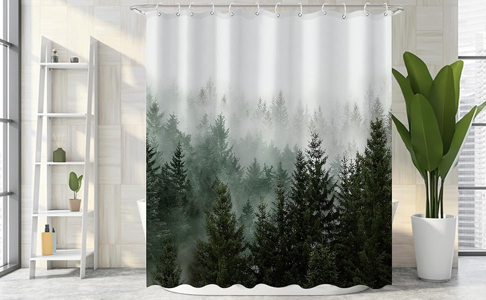Amazon.com: Aipon Green Misty Forest Shower Curtain Nature Tree Shower Curtain Set Dark Green ...