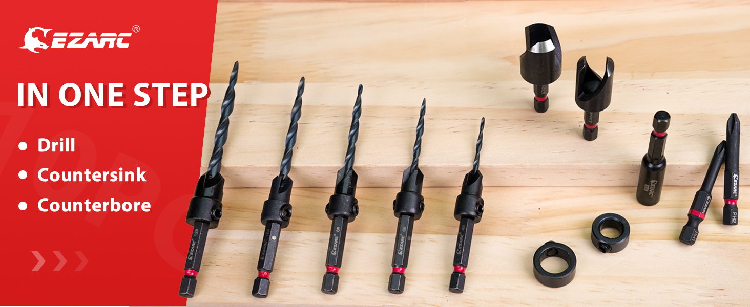 EZARC Countersink Drill Bit Set, 13 PCS Tapered Drill Bits Counter Sinker Set with 2PCS Wood ...
