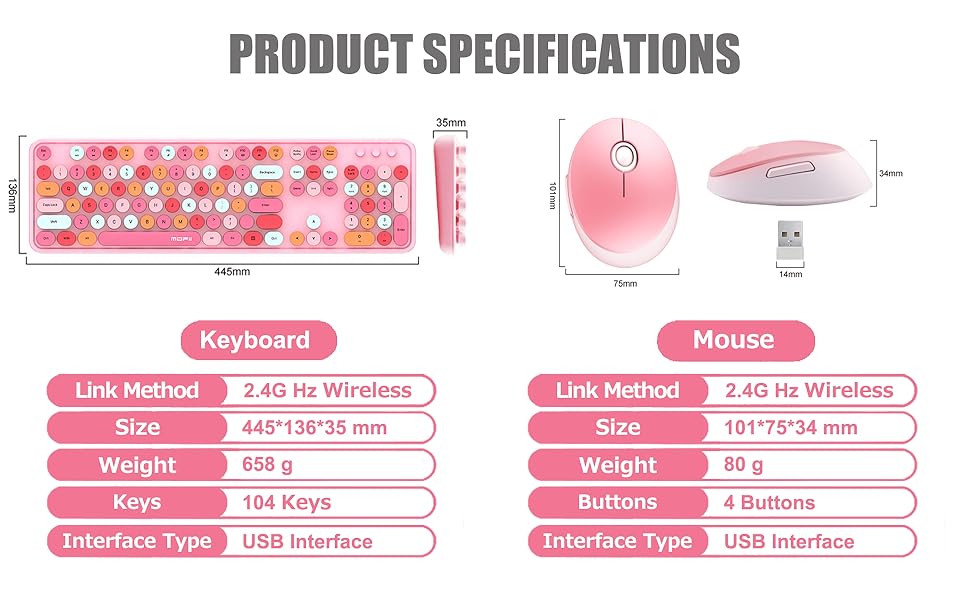 2 4g Full Size Wireless Keyboard And Mouse Combo Multi Color Typewriter Style Round