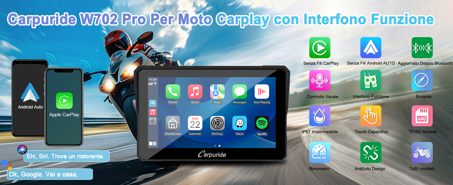 Carpuride W702 Pro Moto Carplay Schermo con Interfono Funzione, Senza Fili CarPlay e Android ...