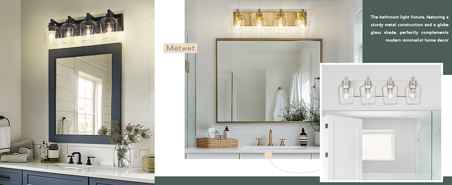 METWET Bathroom Light Fixtures, 3-Light Modern Vanity Light with Clear Glass Wine Glass-Shaped ...