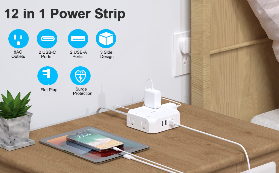 OLAIOO 12 en 1 Regleta Multicontacto Extension USB, con 8 Salidas CA y 4 Puertos USB (2 USB C ...