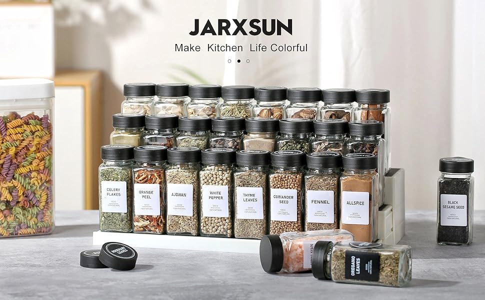 Amazon.com: JARXSUN 36 Glass Spice Jars with Label-4oz Spice Containers with Black Lids,3 Sets ...