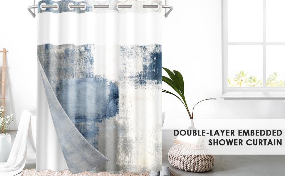 Amazon.com: Nesphy No Hook Blue Grey Painting Shower Curtain with Snap in Fabric Liner Set ...