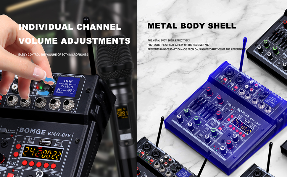 Amazon.com: BOMGE 04E karaoke Audio mixer,4 Channel Mixer With Dual UHF Wireless Mic, Sound ...