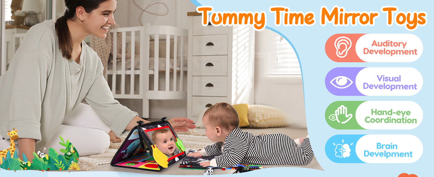 Amazon.com: Baby Mirror Tummy Time Toys 0-6 Months with Crinkle Cloth Books Infant High Contrast ...