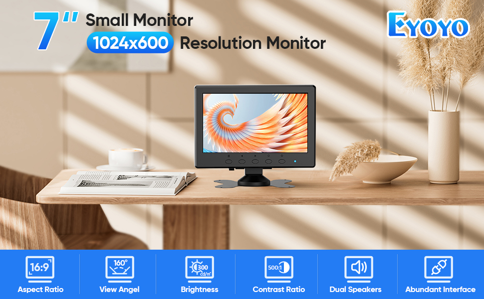 Eyoyo Moniteur 7 pouces, résolution 1024 x 600 IPS Petit moniteur avec télécommande et double ...