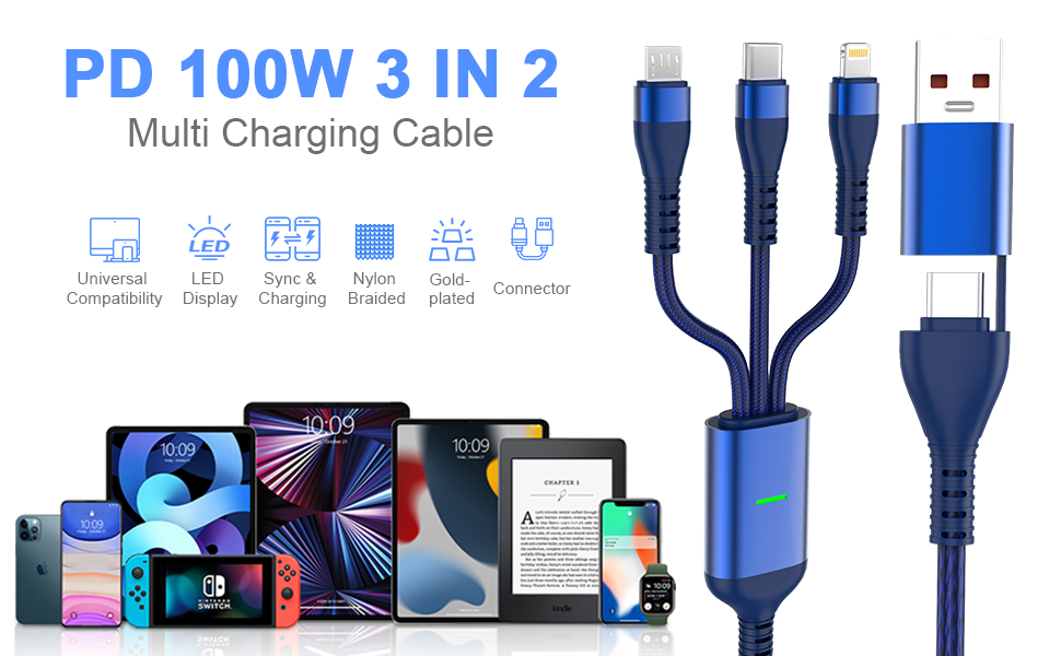 100W USB C auf Multi Kabel 3M/10Ft [Apple MFi Zertifiziert], Schnellladekabel USB A/USB C auf ...