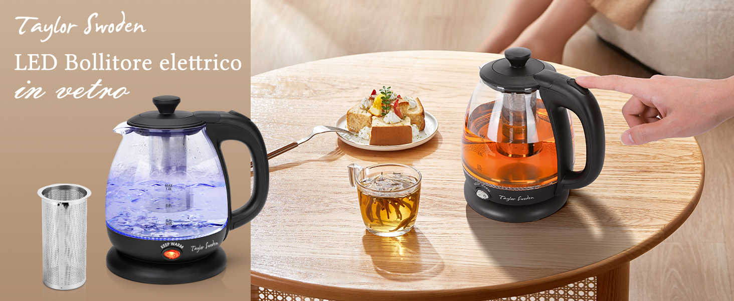 Taylor Swoden Abel - Bouilloire en verre 0% BPA de 1L et 2200W, Bouilloire électrique avec ...