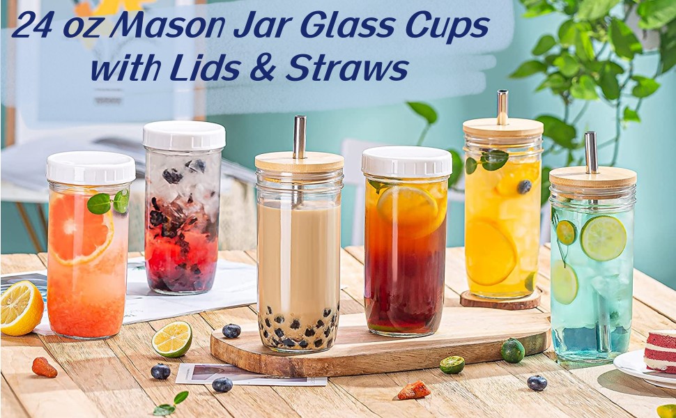 6 Pack Reusable Boba Cup, 24 oz Mason Jar Cups with Bamboo Lid and Straw, Simple Modern Tumbler ...