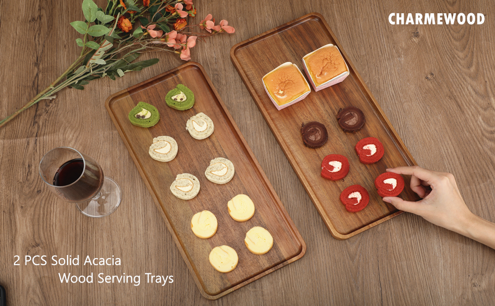 Amazon.com: 2 PCS Solid Acacia Wood Serving Trays 15.7 * 7.08 inch ...