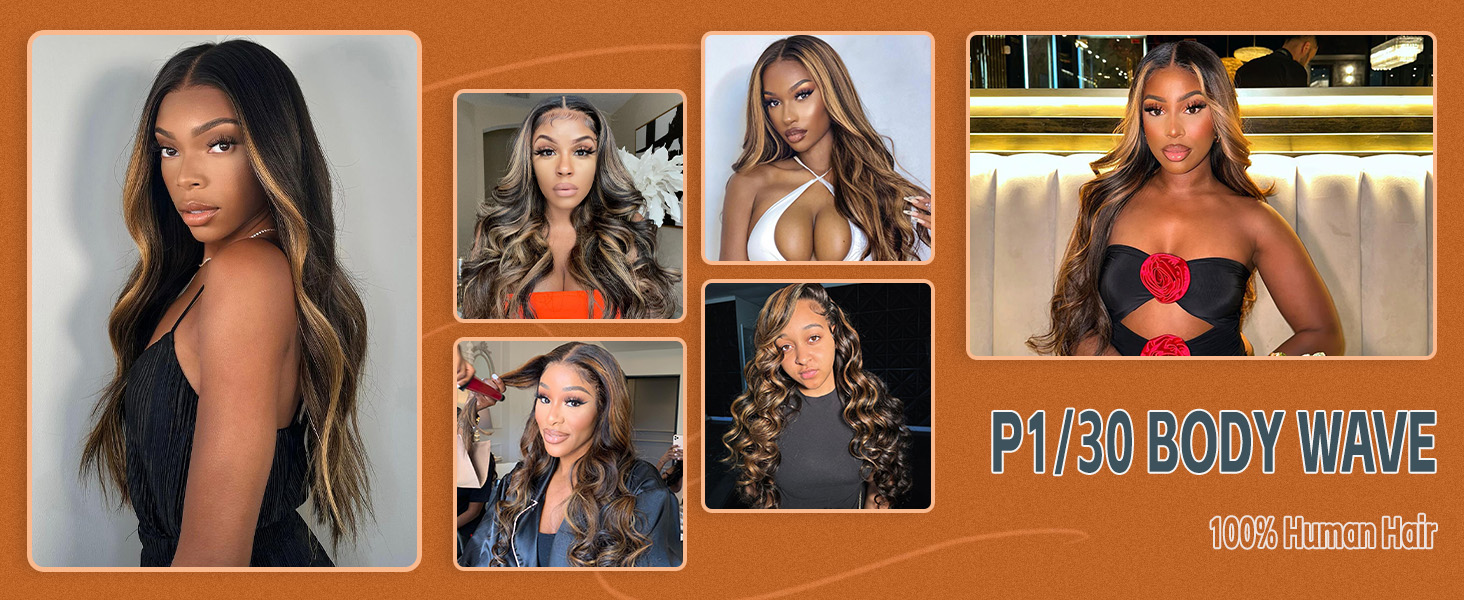 Amazon.com : soul lady Highlight 13x6 Lace Front Wigs Human Hair Pre Plucked 1B/30 Body Wave ...