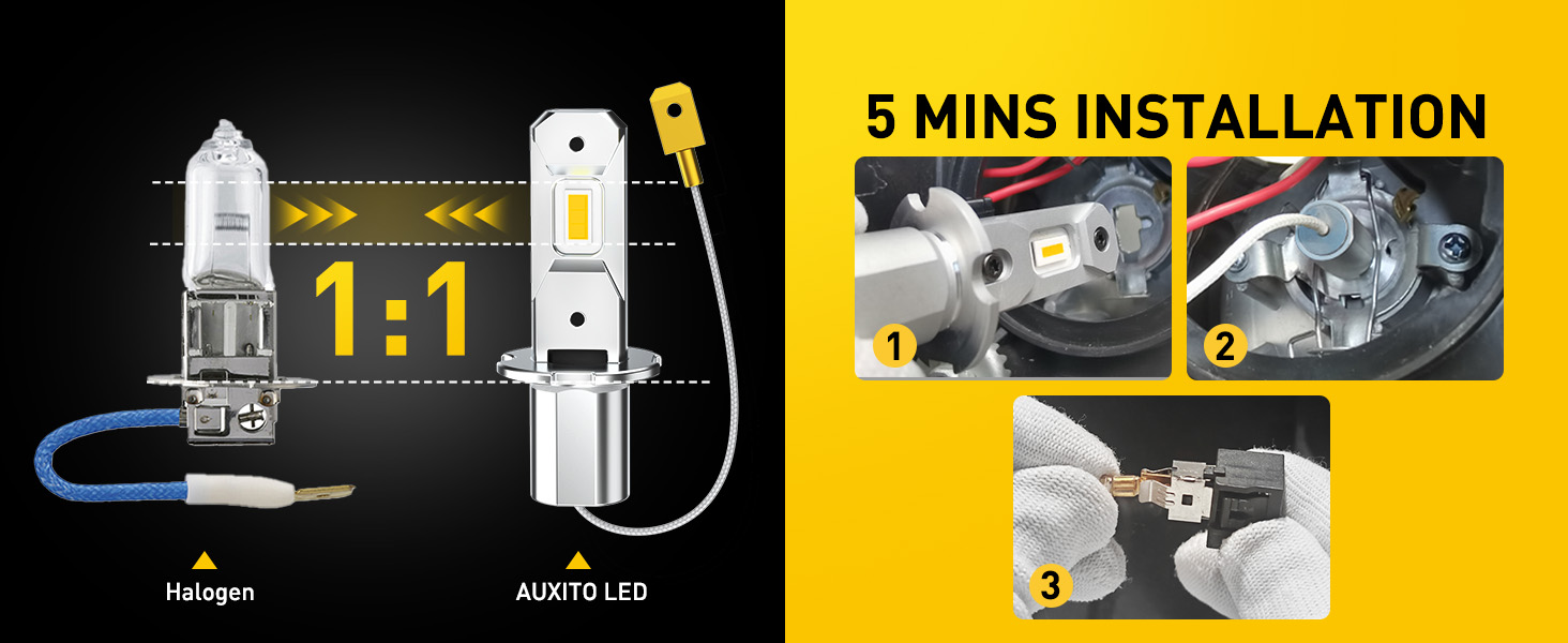 AUXITO - foco LED H3 amarilla 3000 K, 16.000 lm, 600 % súper brillante, 10 años de vida útil, 1: ...