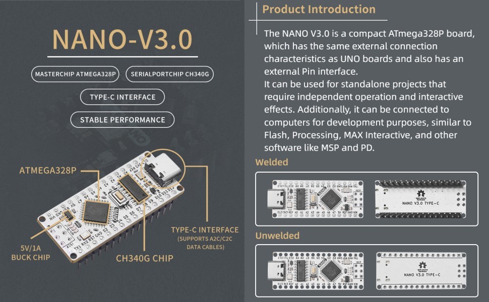 Amazon.com: Emakefun Type-C Nano Board ATmega+328P, Compatible with Arduino Nano V3.0, 2 x ...