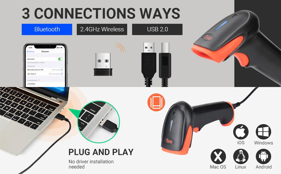 Tera Pro 1D 2D QR Wireless Barcode Scanner with Stand Work with Bluetooth & 2.4G Wireless & USB ...