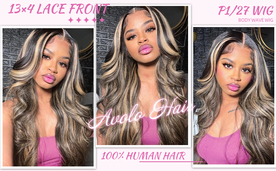 Amazon.com : Avolo Ombre Lace Front Wig Human Hair Pre Plucked 1B/27 13x4 Body Wave Highlight ...