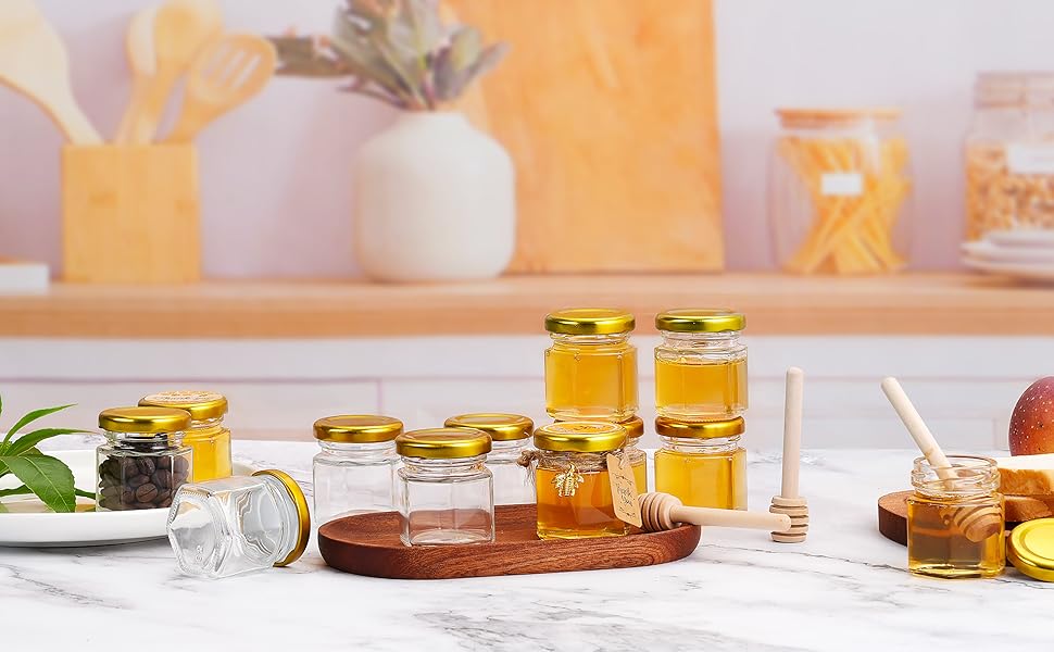 Amazon.com: JIUHSHN 60Pcs Mini Glass Honey Jars 1.5Oz Hexagon Small Honey Jars In Bulk with ...