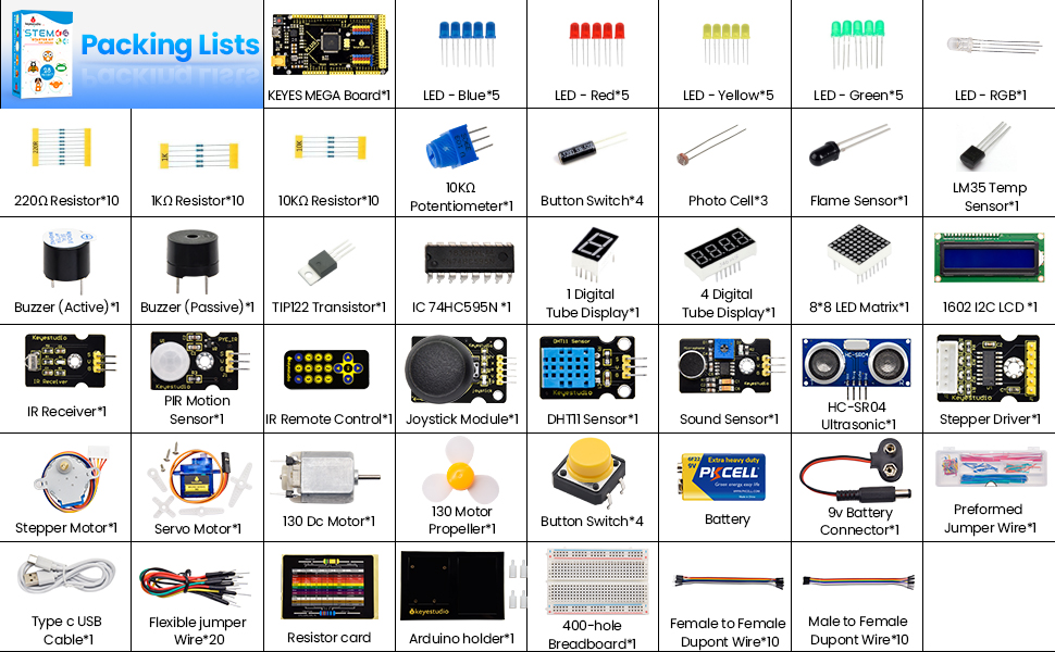 KEYESTUDIO Starter Kit for Arduino MEGA R3, Learning Project STEM Education, Electronics ...