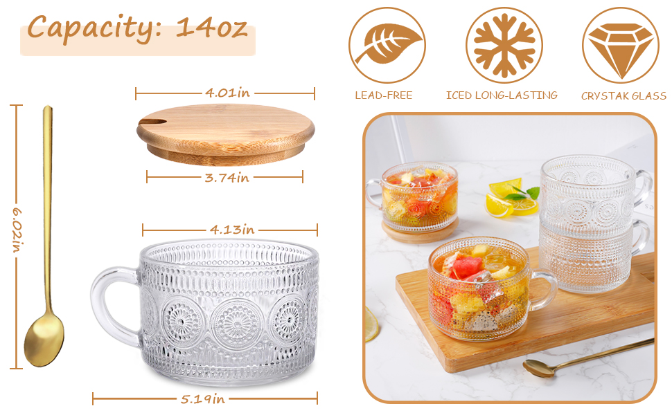 Vintage Coffee Mugs, 4Pcs 400mL Glass Tea Cups with Lids and Spoons ...