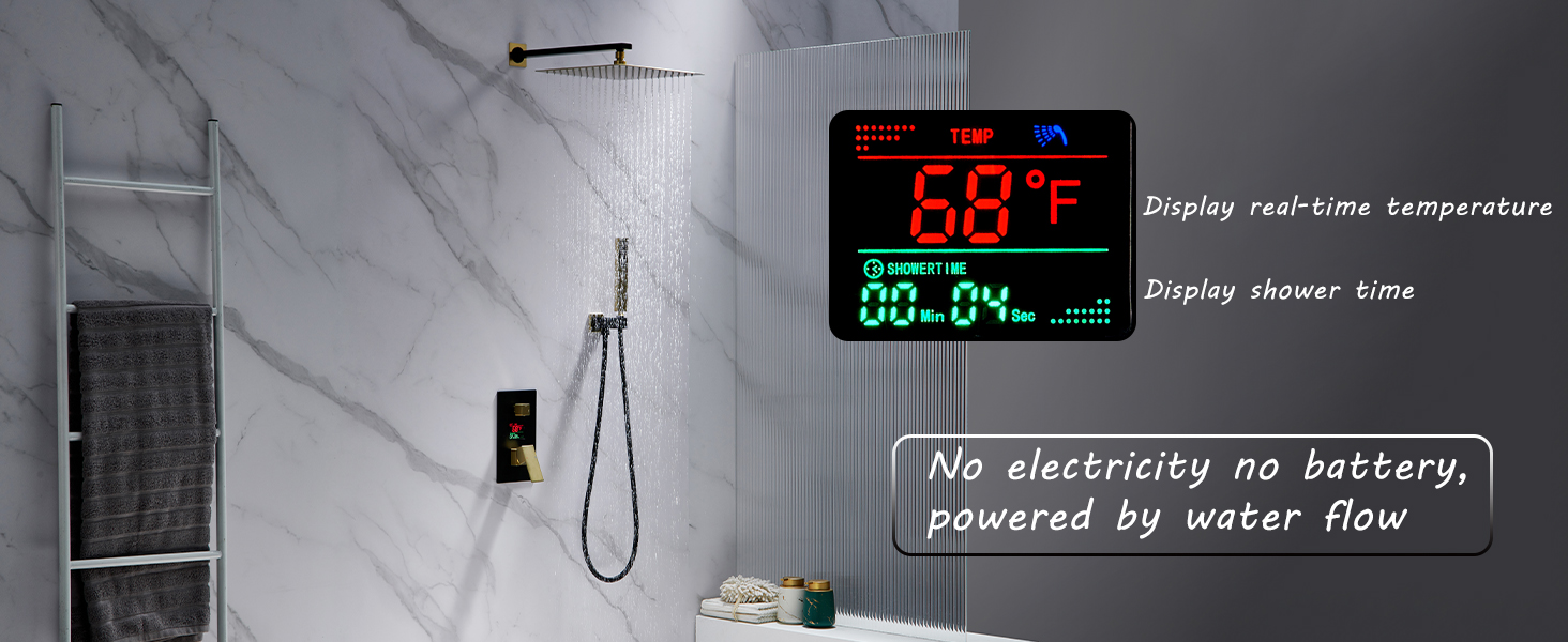 WRKMH Shower Faucet Set Digital Display Rainfall Shower System Black and Brushed Gold Wall ...