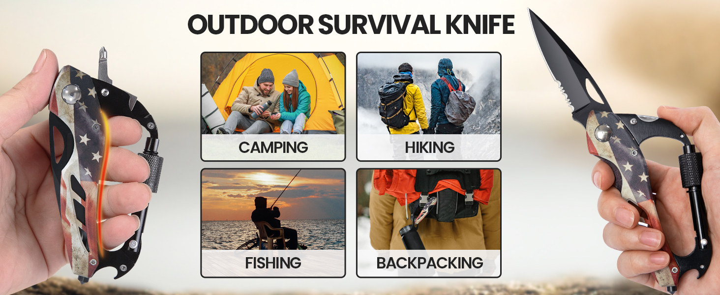 FUNBRO Multitool Carabiner Knife Tools for Men, Cool Gadgets Survival Gear with Folding Knives ...