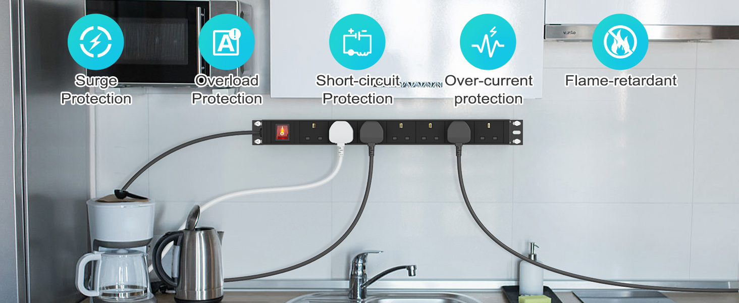 Extension Lead 7 Way Power Strip with 3M Cable, Airmom Rack Mount Power Sockets with Surge ...