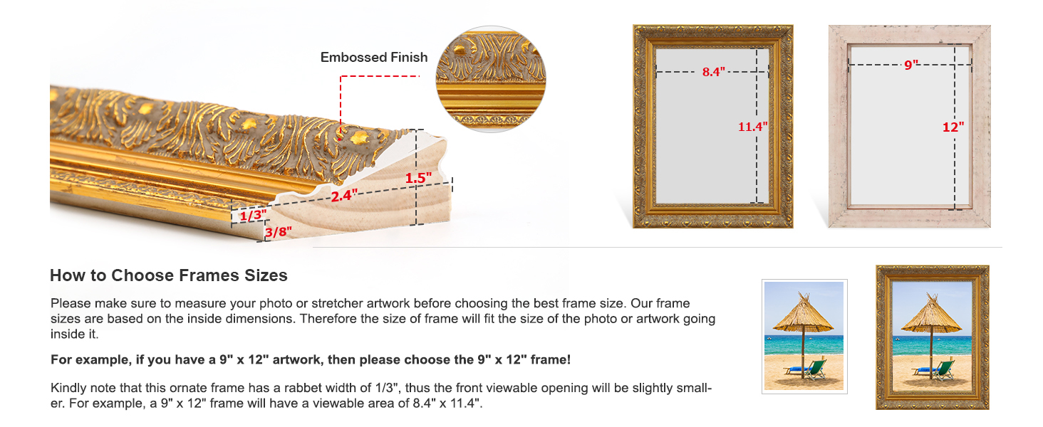 FOLKOR Wood Vintage Frame for 9X12" Painting, 2.4" Wide Antique Ornate Canvas Frame for Oil ...