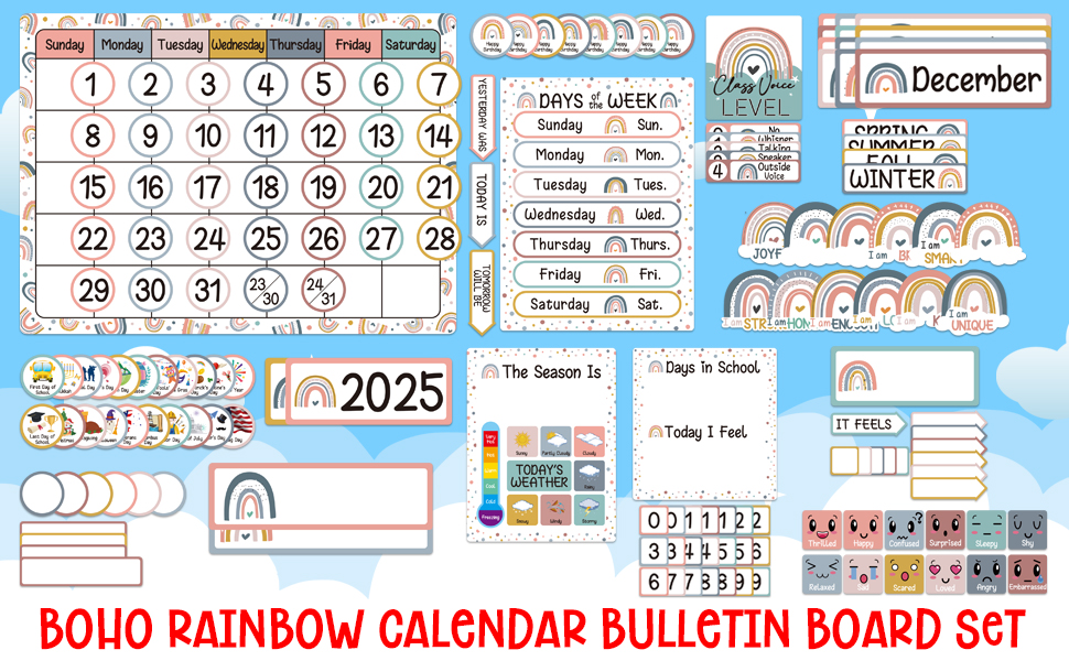 Amazon.com: Boho Rainbow Calendar Bulletin Board Set with Seasons ...